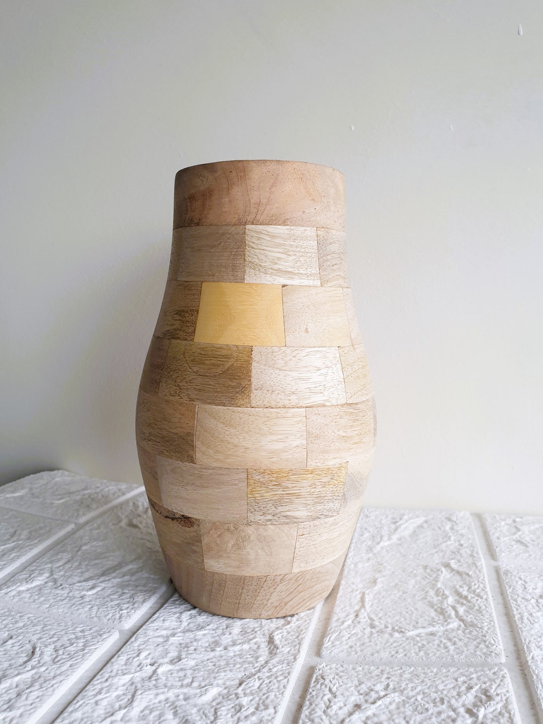 100% Natural Mango Wood Mosaic Hand Crafted Vase Pot L Max Dia 11cm X ...