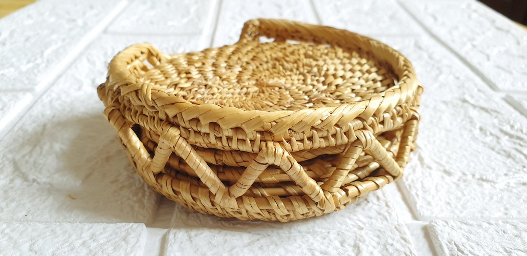 Hand Woven Natural Golden Grass kaincha Coaster Mats With Storage Box ...