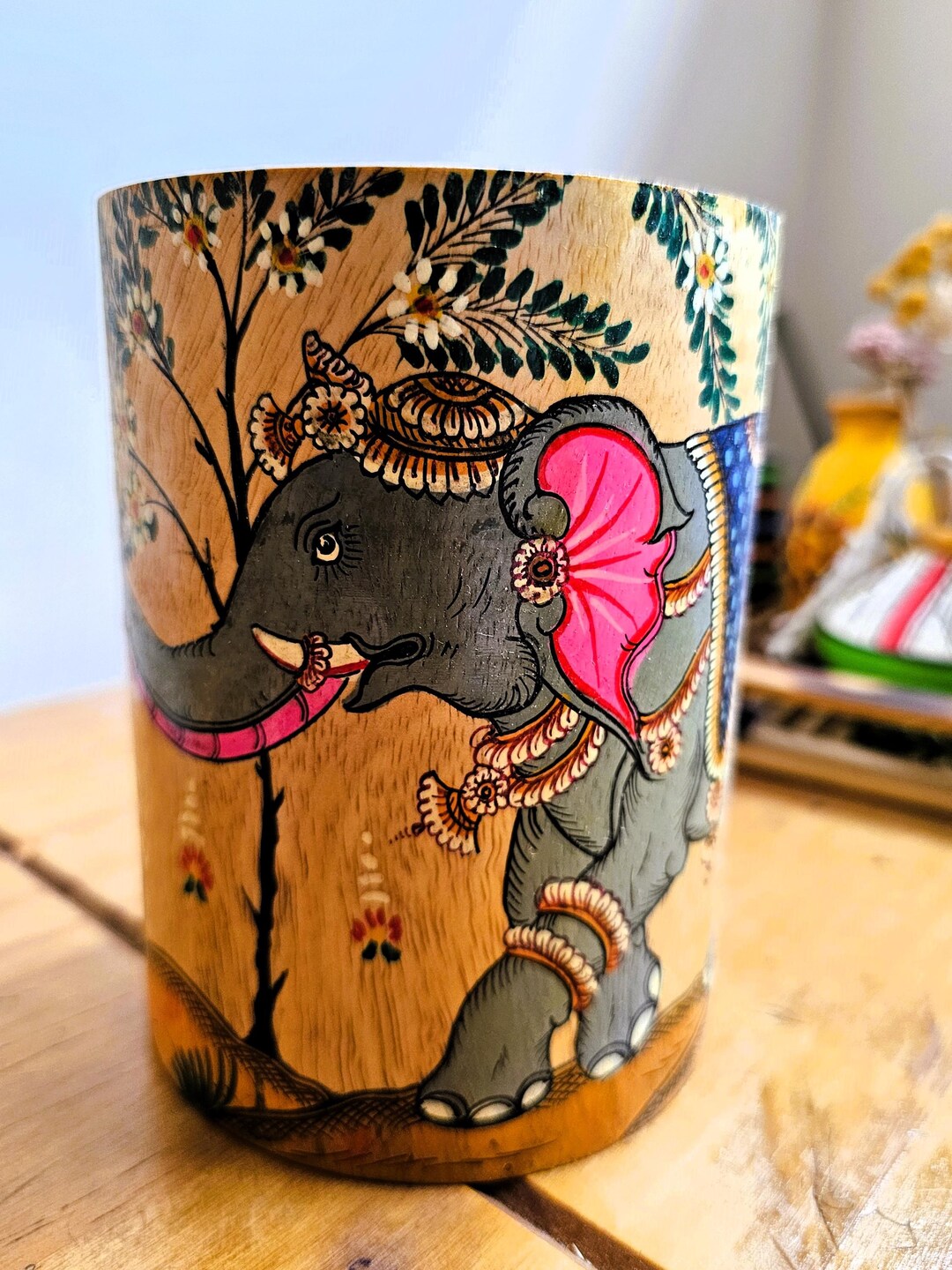 Pattachitra Artwork Wooden Tumbler Container L Hand Painted Elephant ...