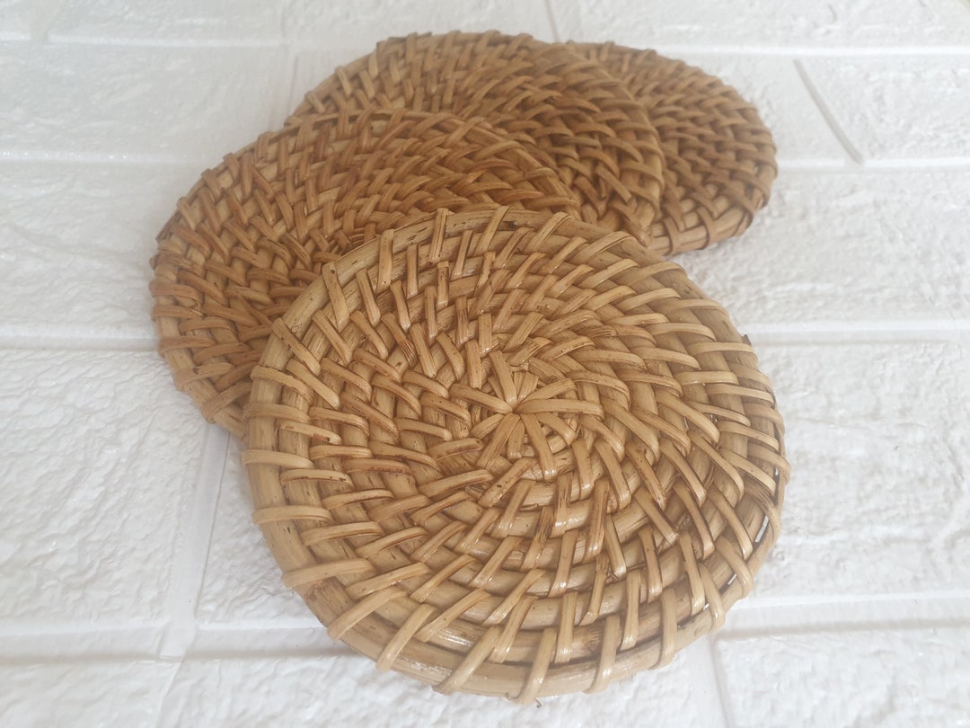 Natural Golden Cane Rattan Hand Woven Coaster Mats Set Tableware L ...