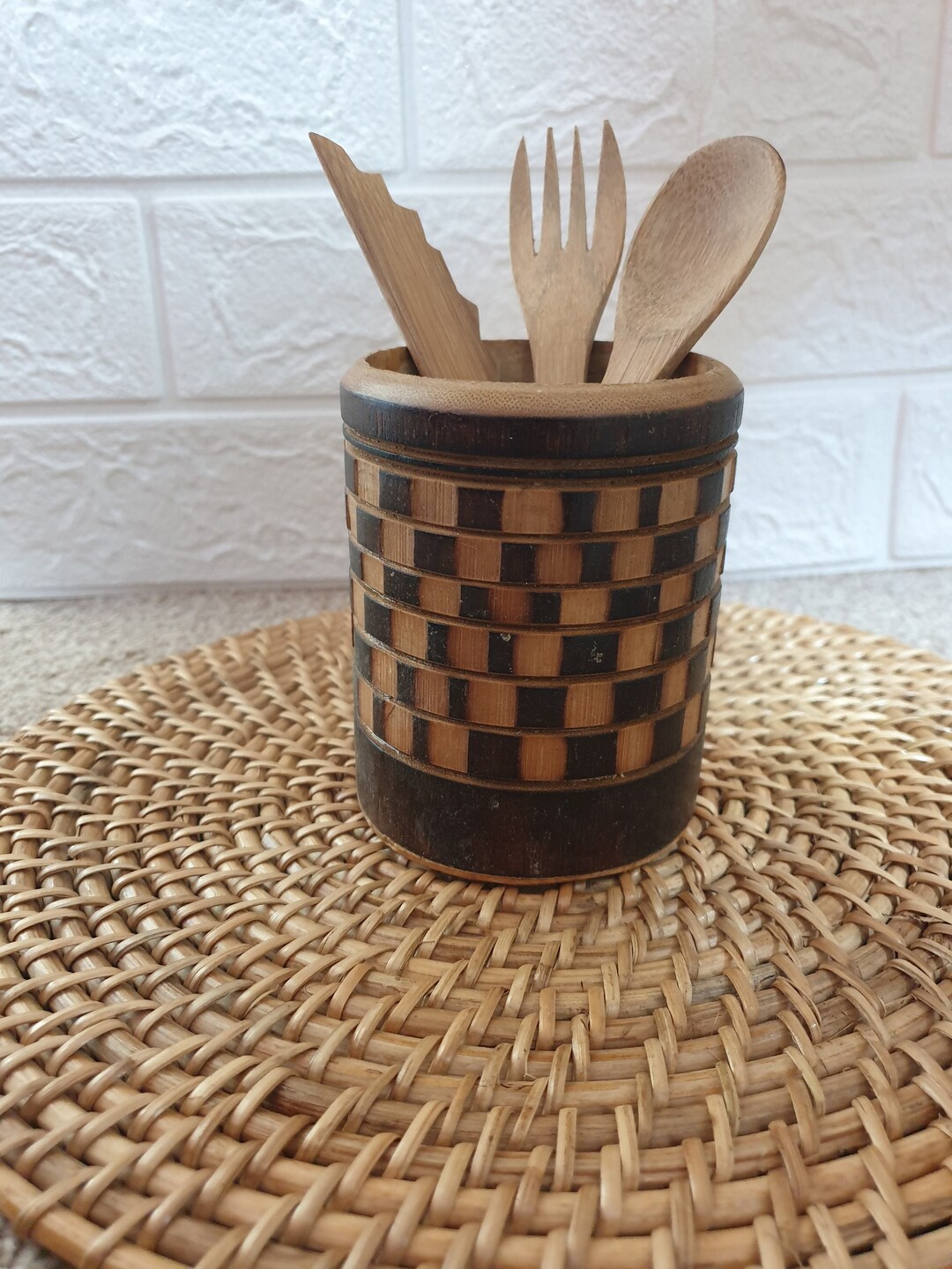 Bamboo Checkered Design Utensil Cutlery Container Holder L Dia 4 X ...