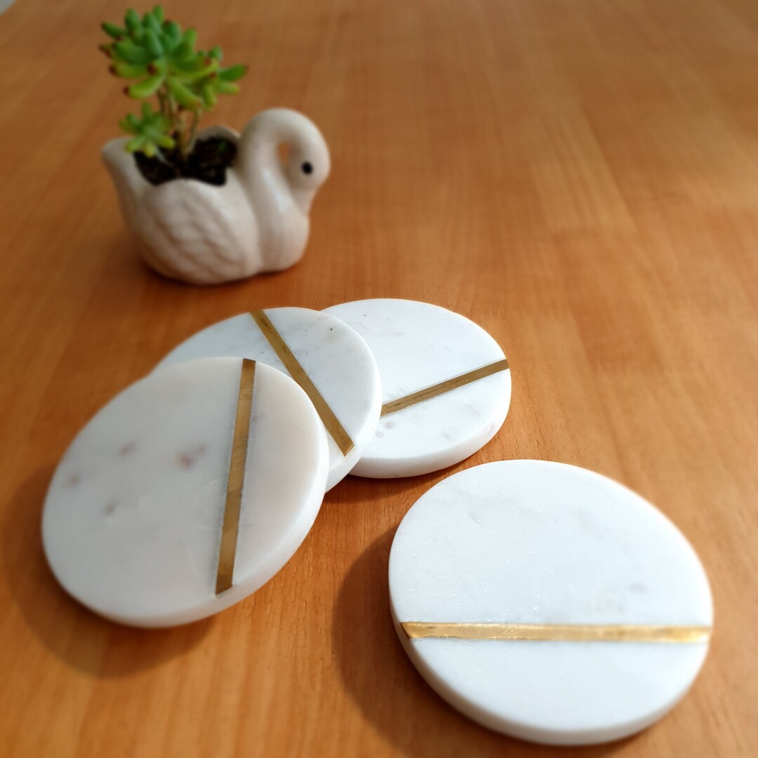 Classic White Marble With Golden Strip Coaster Set of 4 L Round ...
