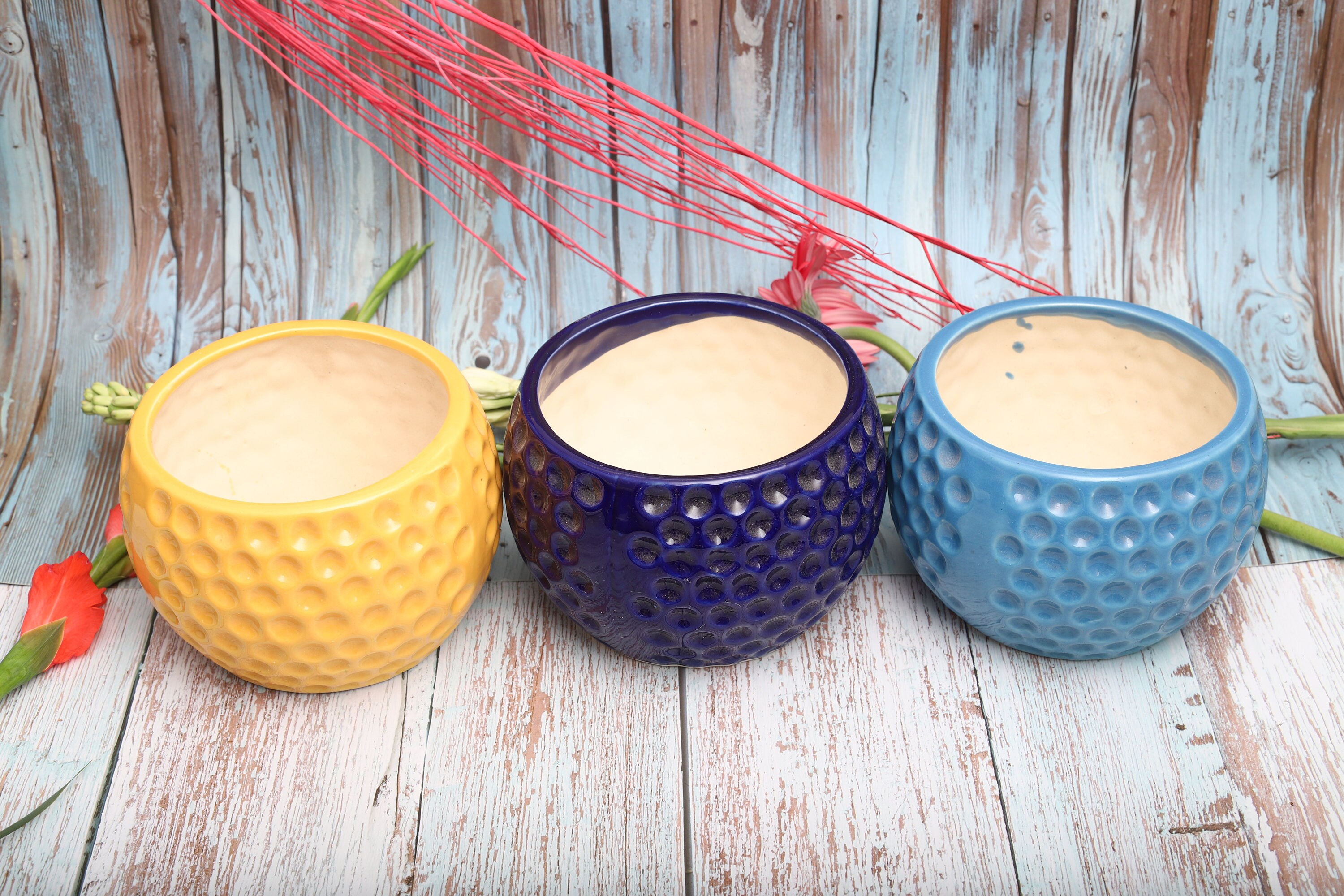 Art Deco Golf Ball Ceramic Planter Pot | Hammered Dotted Design Flower ...