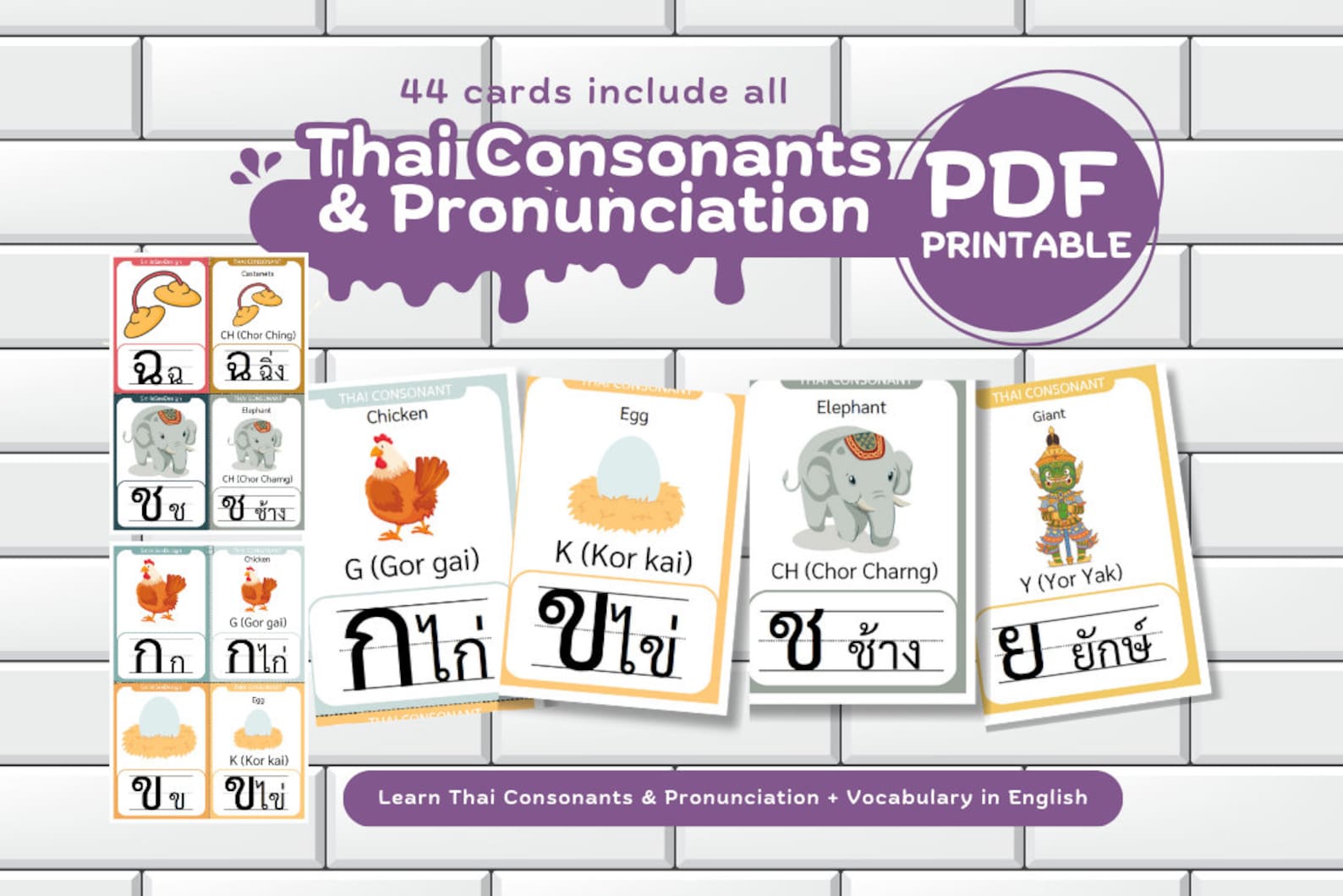 Printable Flashcards Thai, Thai Consonants and Pronunciation Vocabulary ...
