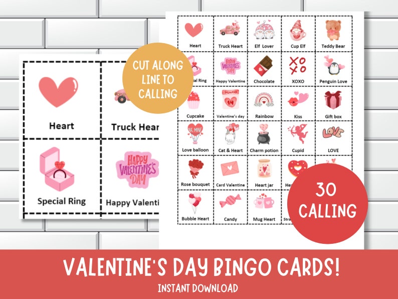 Valentine's Day Bingo Cards, Instant Download, Valentines Printable ...