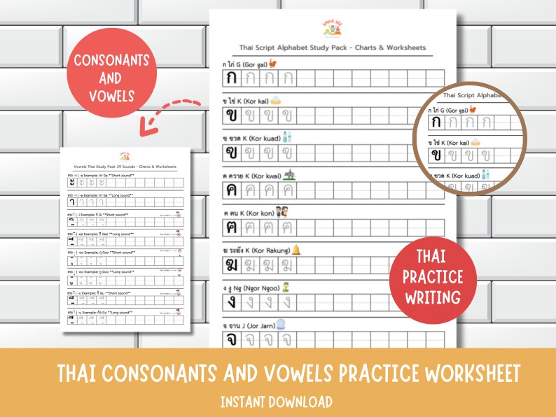 Thai Consonants and Vowels Practice Worksheets, Study Thai Writing ...