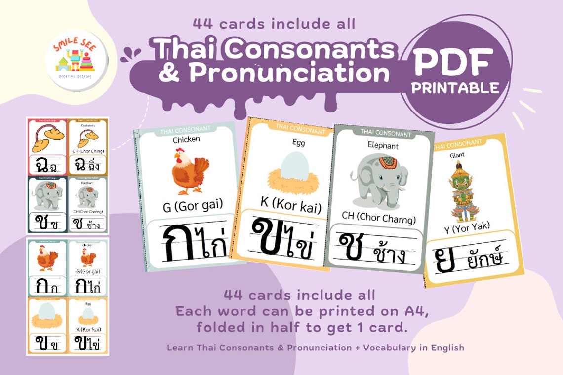 Printable Flashcards Thai, Thai Consonants and Pronunciation Vocabulary ...