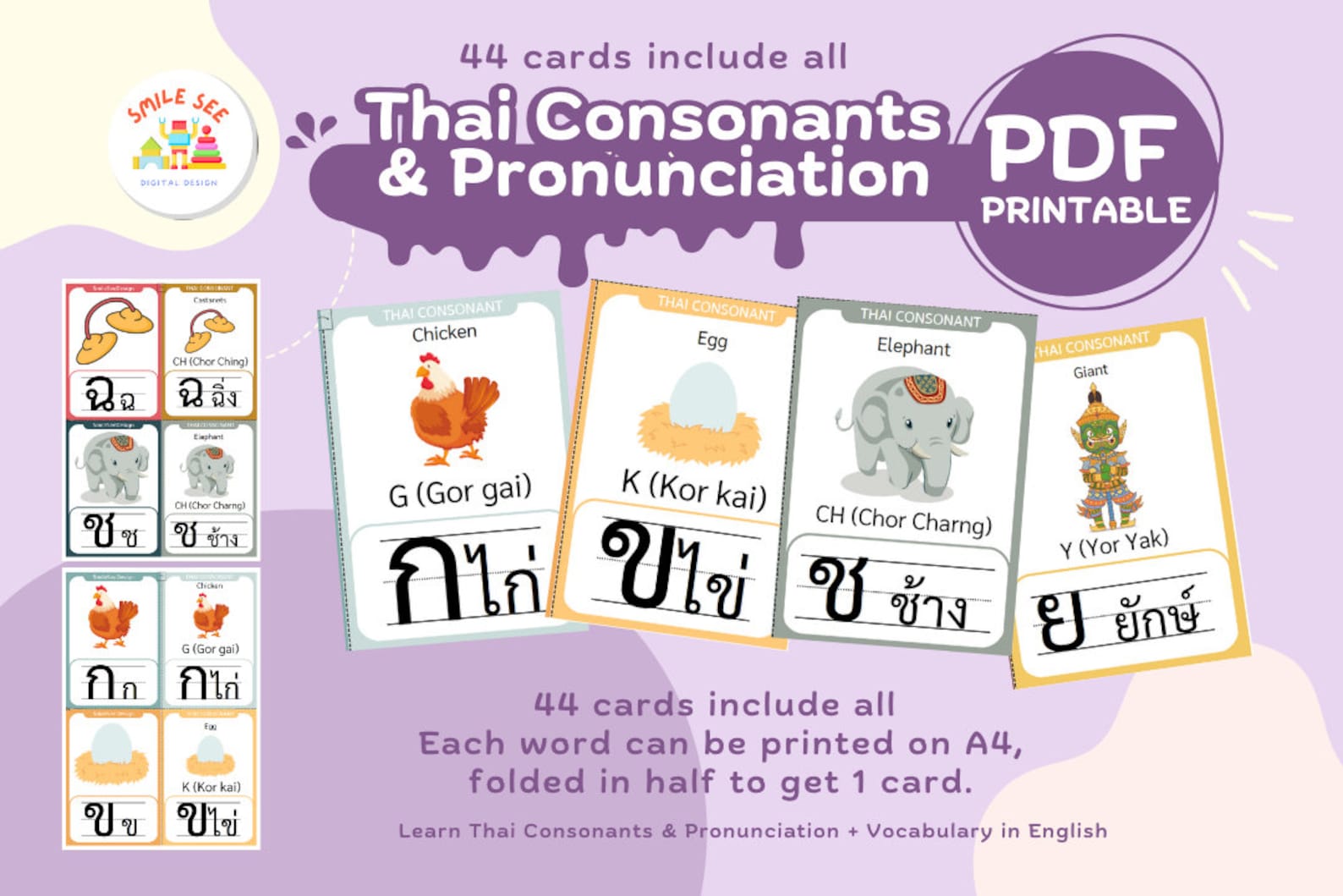 Printable Flashcards Thai, Thai Consonants and Pronunciation Vocabulary ...