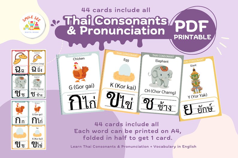 Printable Flashcards Thai, Thai Consonants and Pronunciation Vocabulary ...