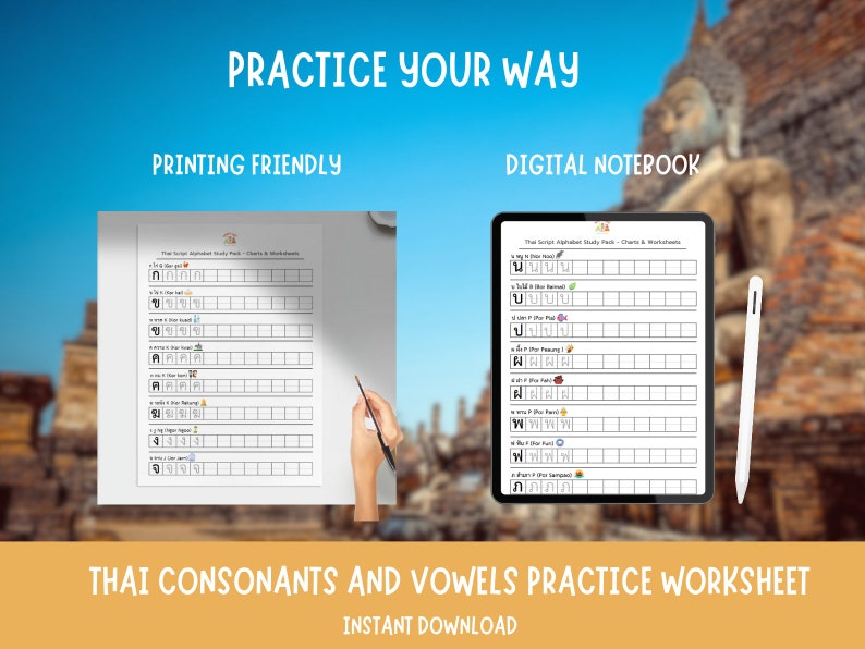 Thai Consonants and Vowels Practice Worksheets, Study Thai Writing ...