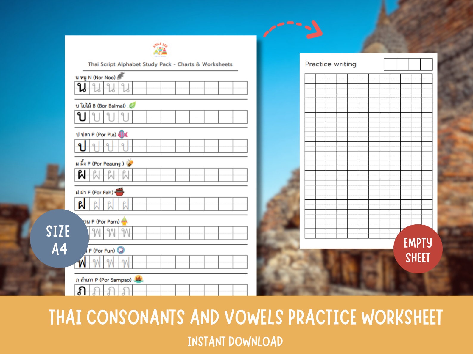 Thai Consonants and Vowels Practice Worksheets, Study Thai Writing ...