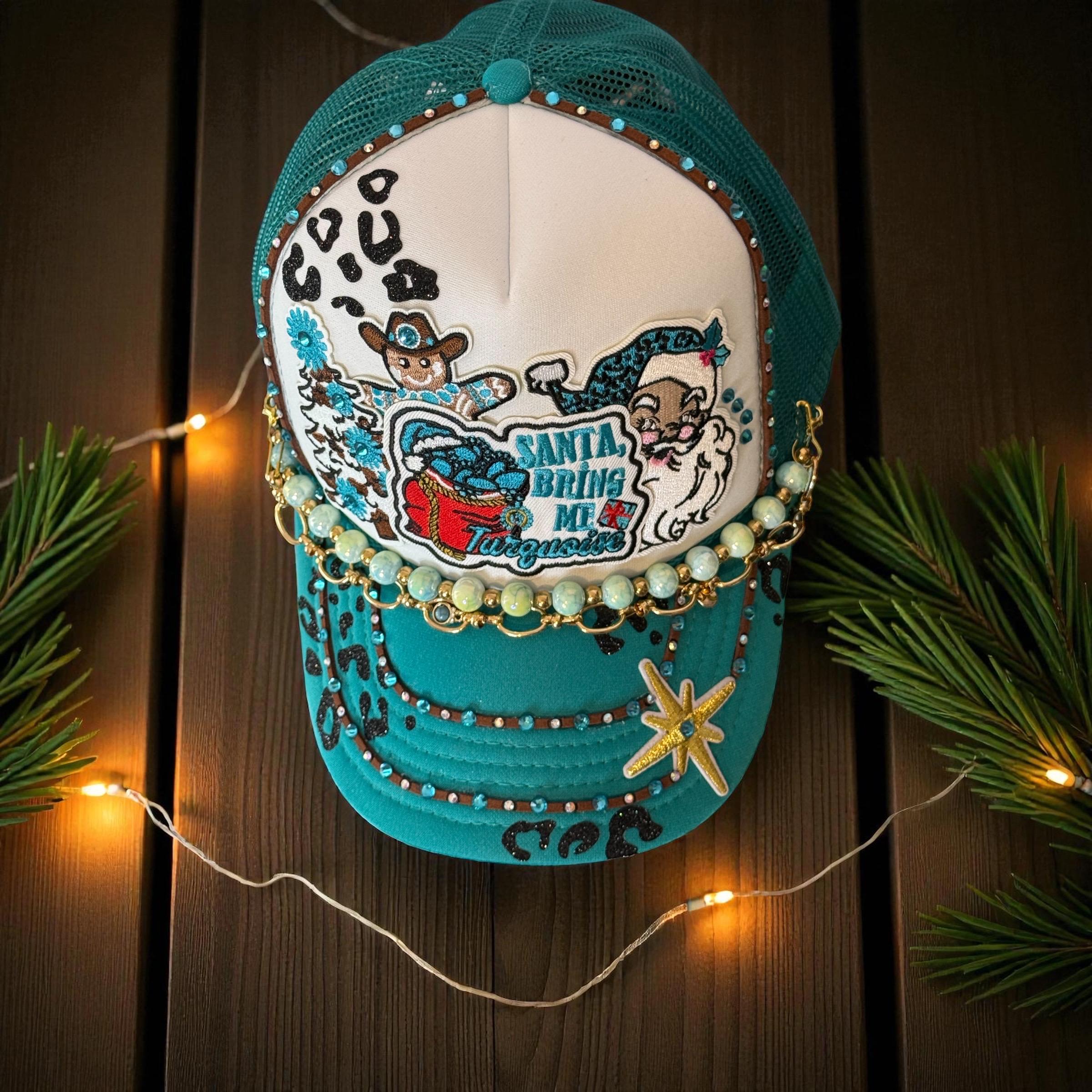 Turquoise Christmas Trucker Hat – Embroidered Western Cowgirl Holiday ...