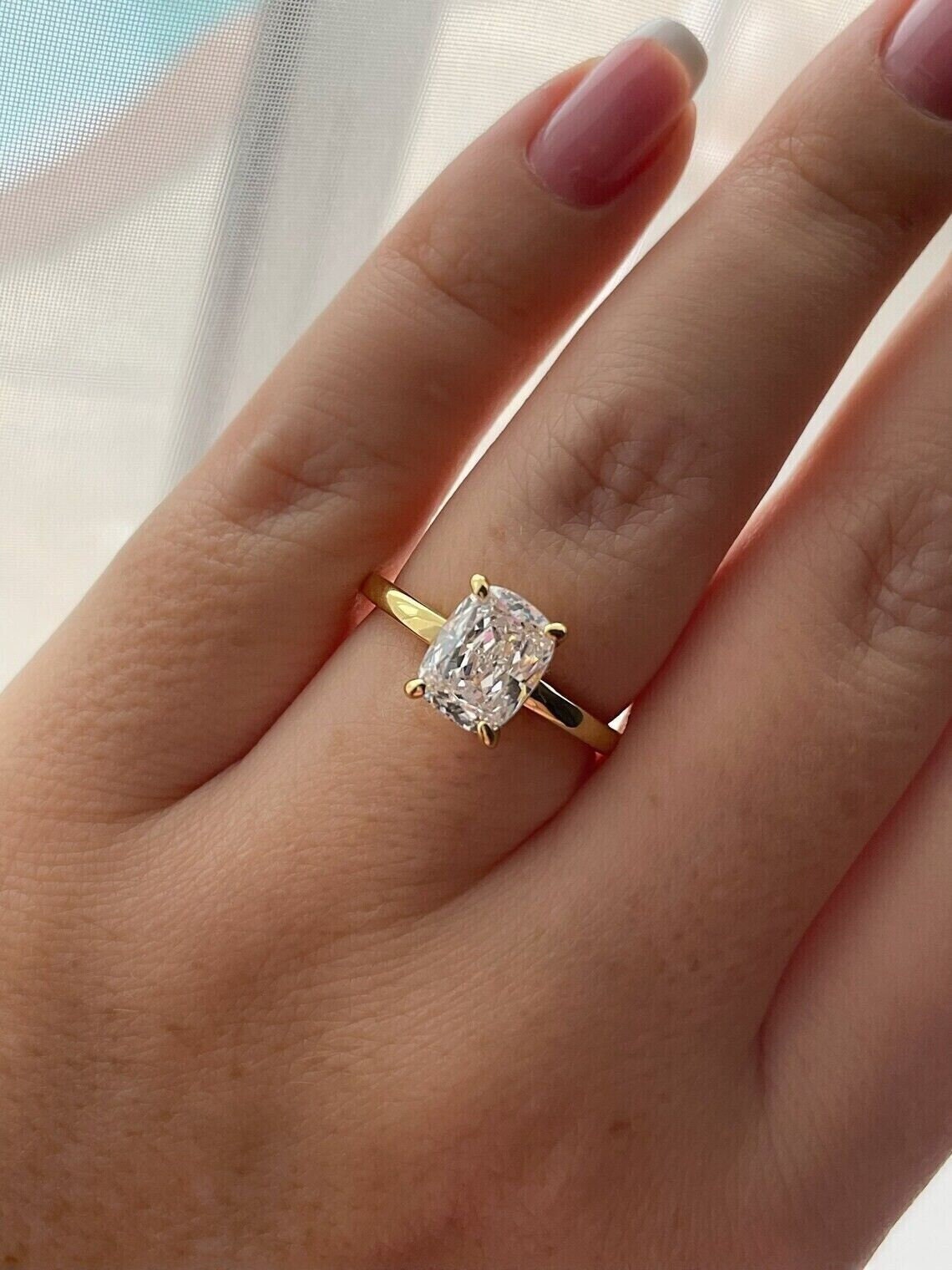 14k Yellow Gold Finish, 1ct Cushion Cut Diamond Solitaire Wedding Engagement Ring for Women, 925 ...