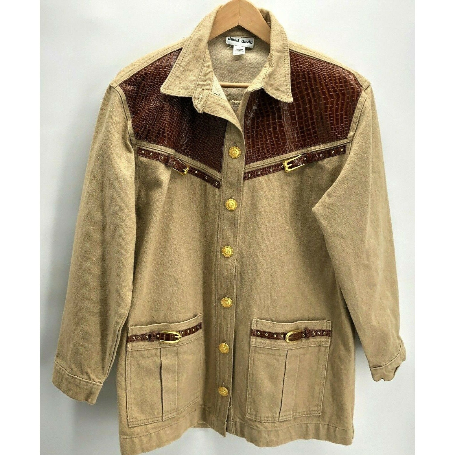 Vintage David David Denim Leather Jacket Buttons Buckle Western Hipster ...