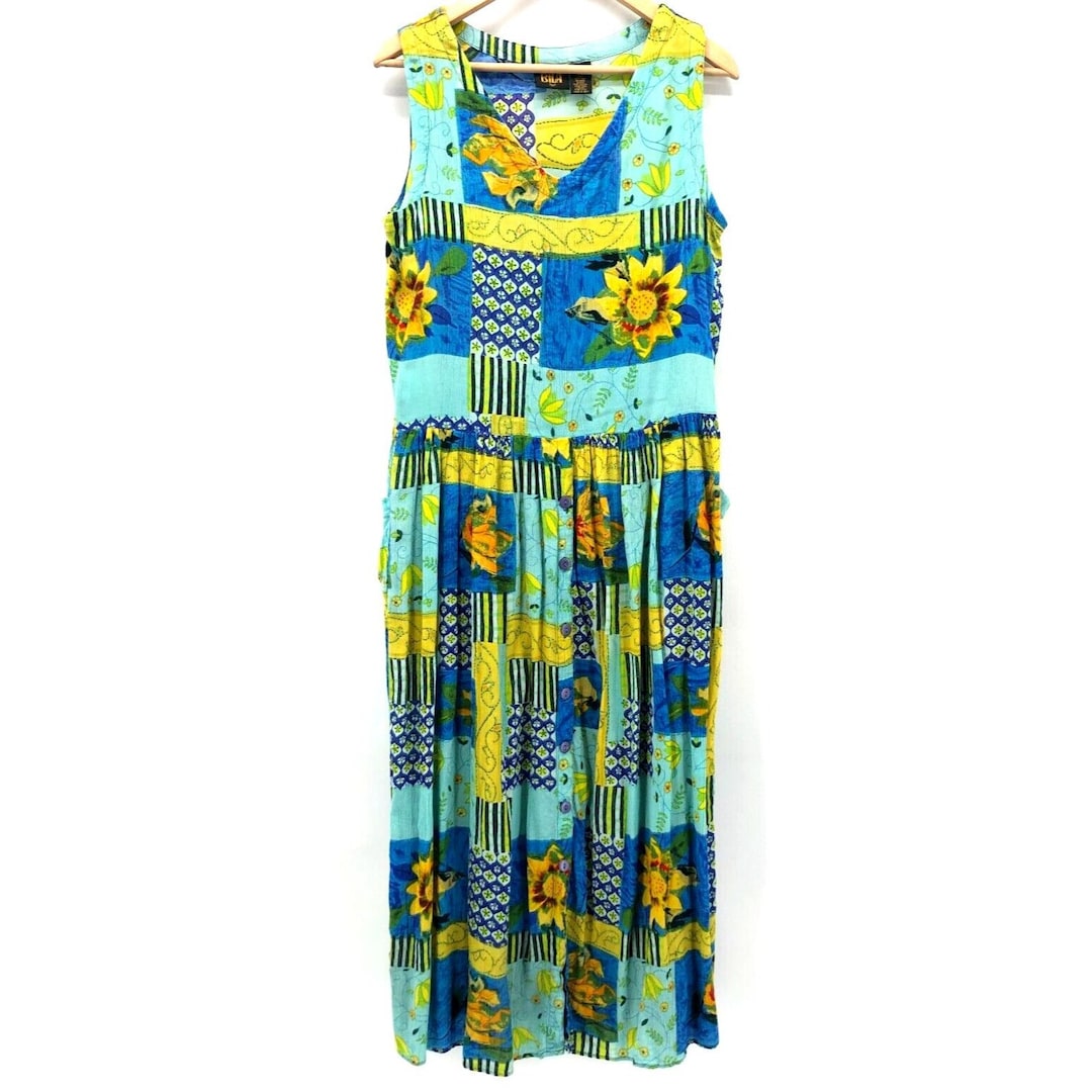 Vintage Bila Dress Medium Pockets Crinkle Gauze Tropical Beachy Midi ...