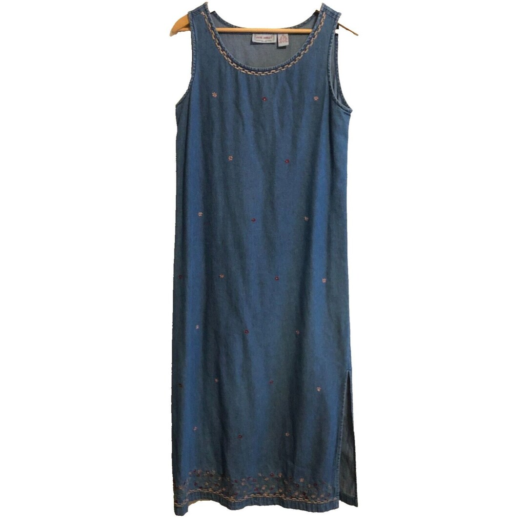 Vintage Cottage Core Denim Embroidered Floral Jumper Modest Midi Dress ...