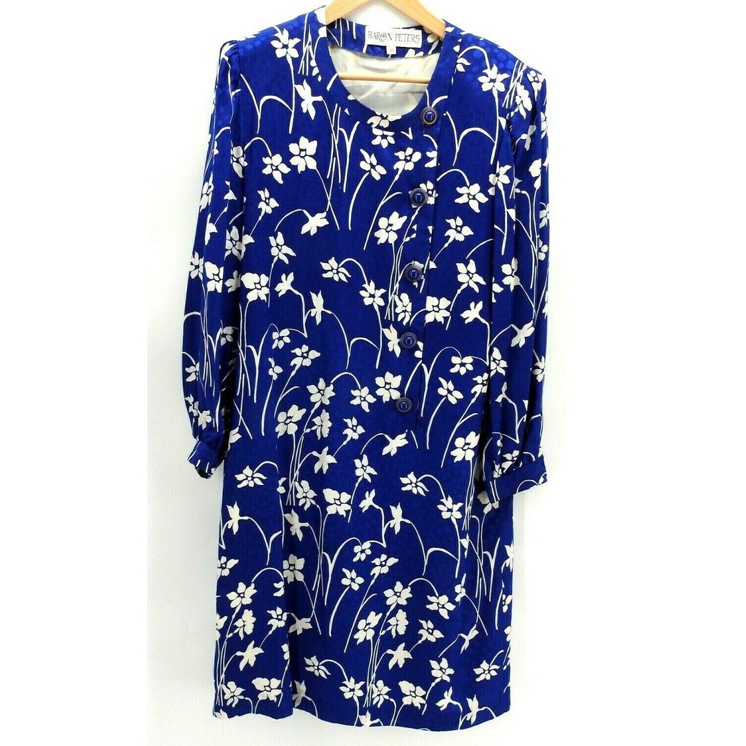 Vintage Baron Peters Sheath Dress Blue White Floral Shoulder Pads Btn ...