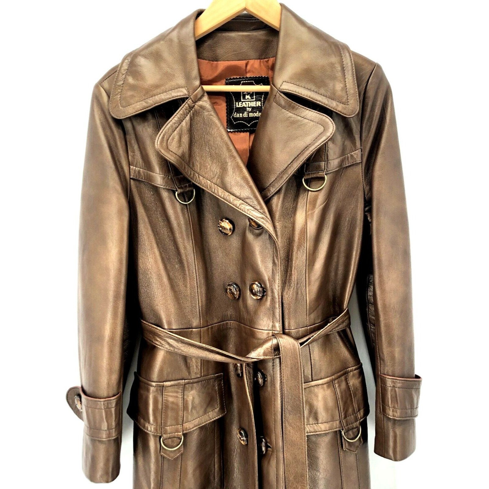 Vintage Dan Di Modes Leather Trench Coat Medium Brown Belted Double ...