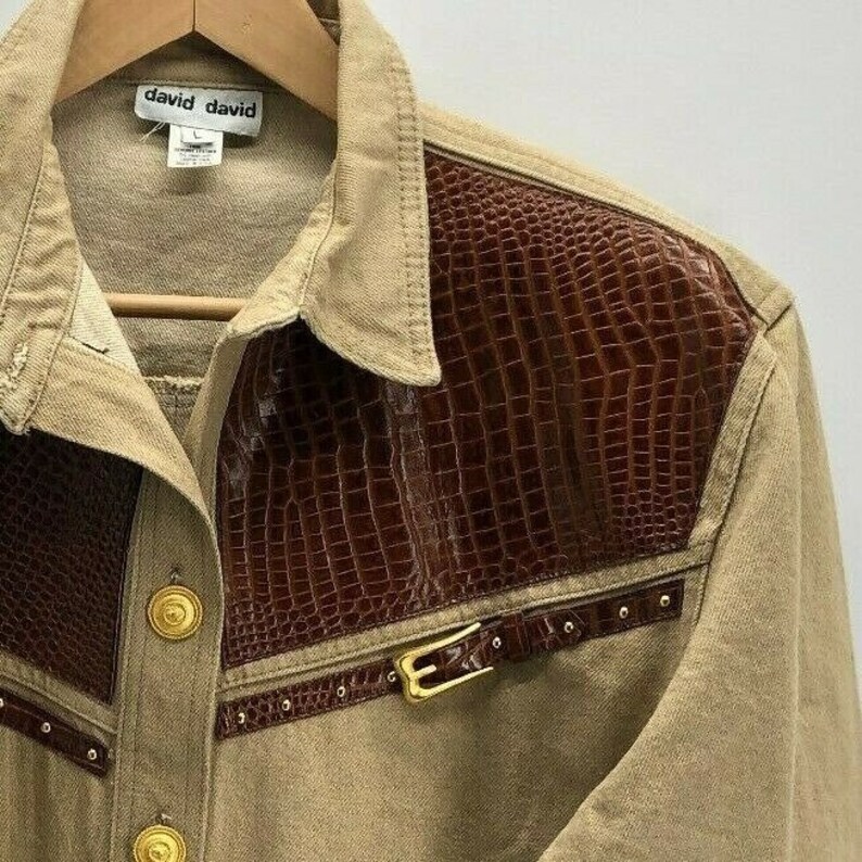 Vintage David David Denim Leather Jacket Buttons Buckle Western Hipster ...