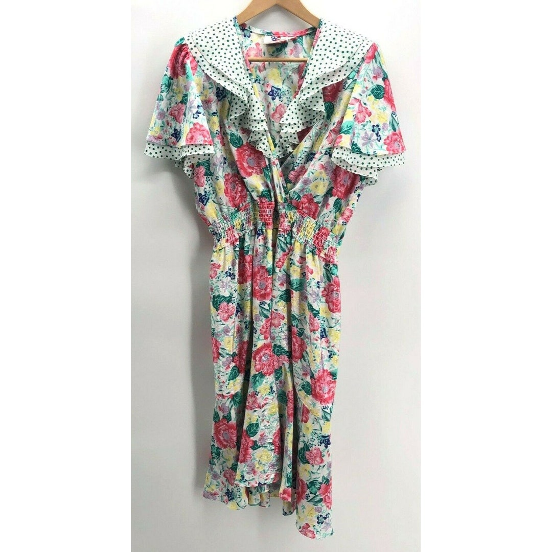 Vintage Susan Tudor Dress Floral Polka Dot Tulip Hem USA Size PM Petite ...