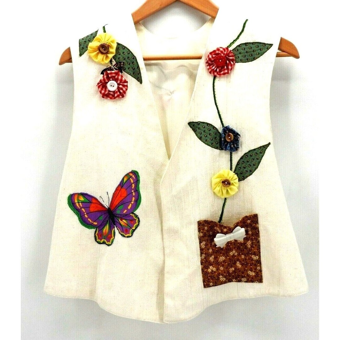 Vintage Cottage Core Vest Applique Floral Pocket Butterfly Open Art to ...