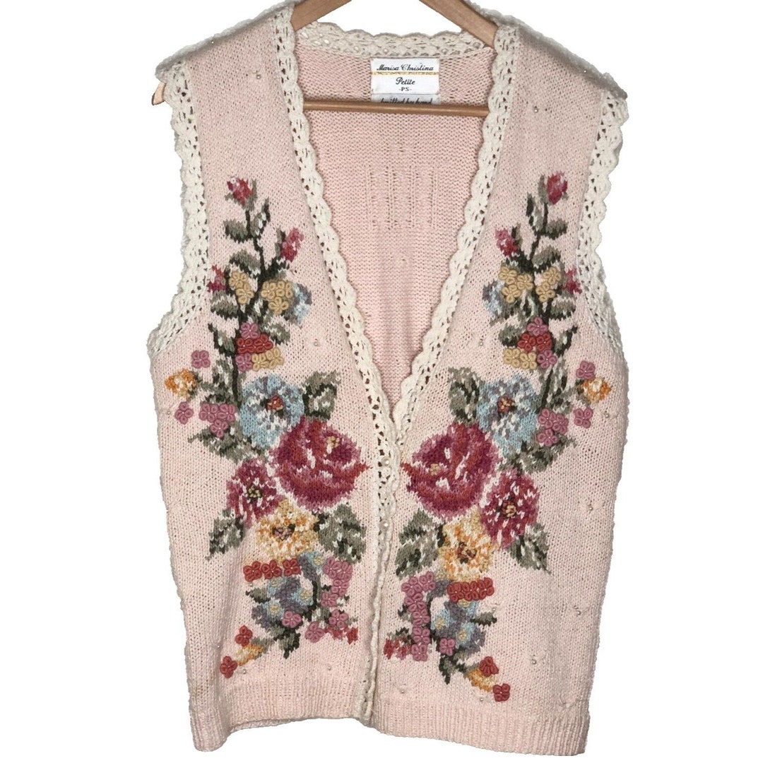 Vintage Art to Wear Cottage Core Floral Cardigan Sweater Vest Petite ...