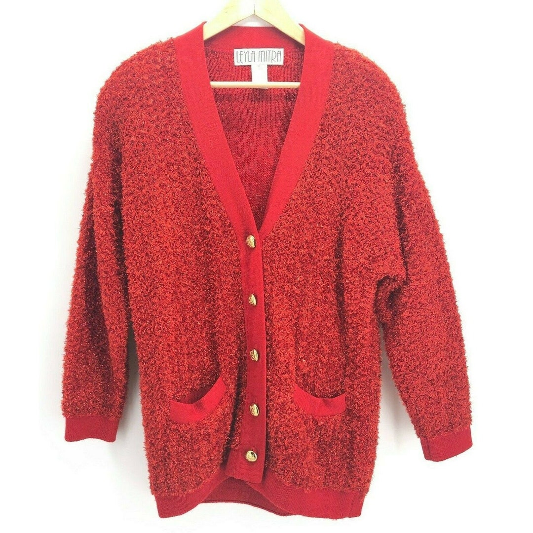 Vintage Art to Wear Red Glitter Holiday Stretch Cardigan Sweater Small ...