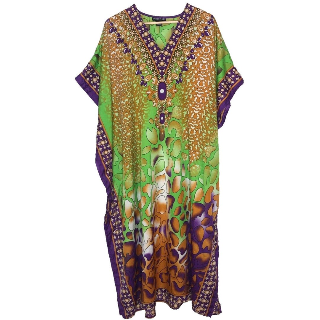 Art to Wear Graphic Ethnic Maxi Kaftan Dress One Size Vintage V Neck ...
