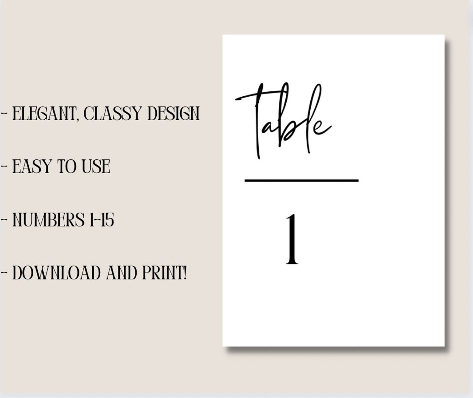 Elegant Classy Printable Wedding Table Number Signs, 5x7 Table Number ...