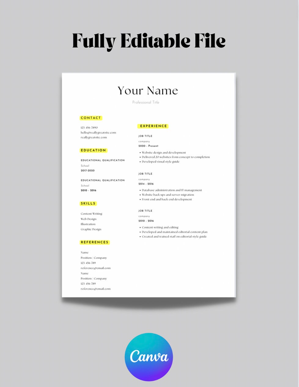 Professional Minimal Resume Template, Canva Resume Template, Editable ...