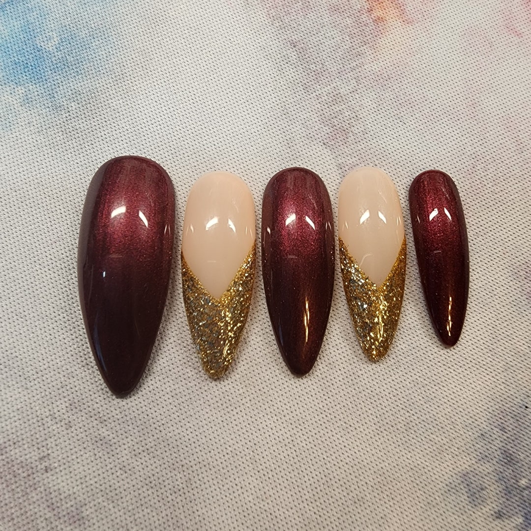Purple Burgundy and Gold Press on Nails | Reusable Press on Nails - Etsy