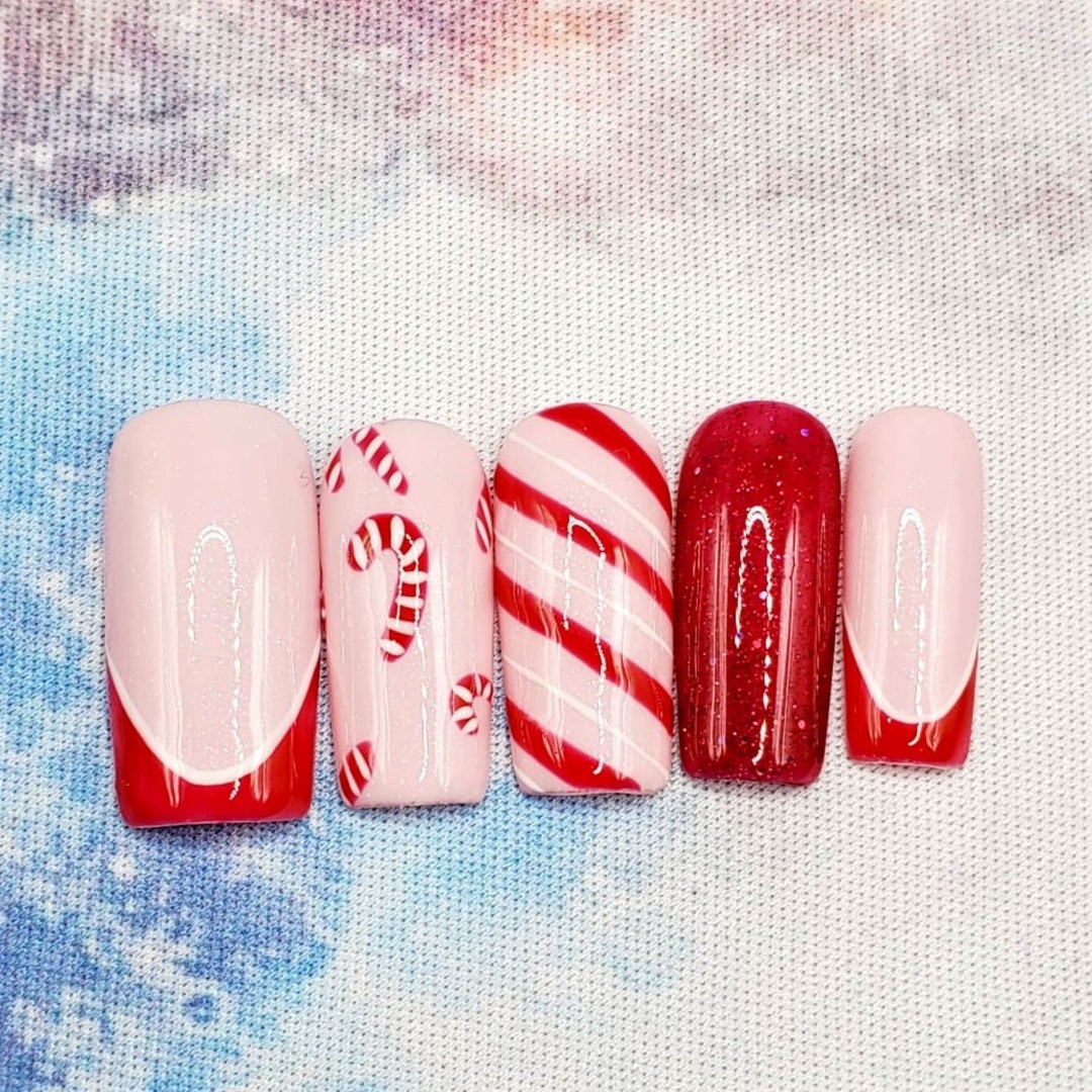 Pink Candy Cane Nails - Etsy