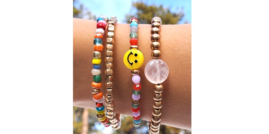 Smiley Face Emoji Happy Face Layered Beaded Stacking Bracelets - Etsy