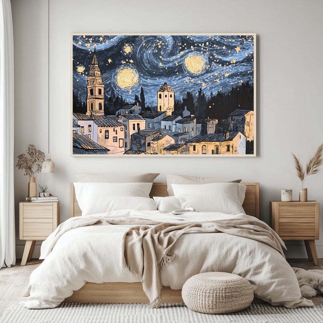 Starry Night Cityscape Canvas Print Artistic Urban Skyline With Starry ...