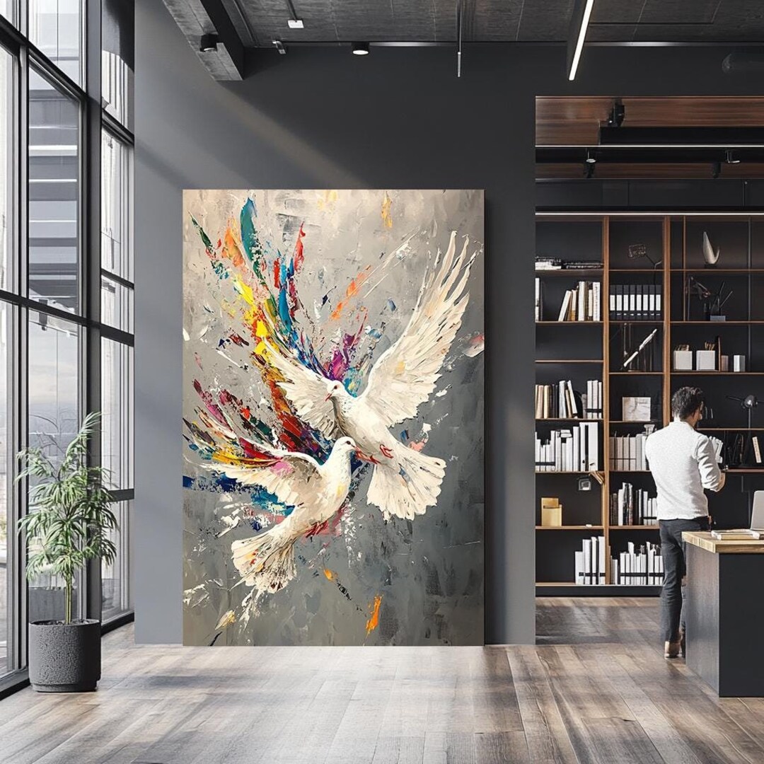 White Doves Wall Art | Colorful Abstract Canvas Painting | Modern Peace ...