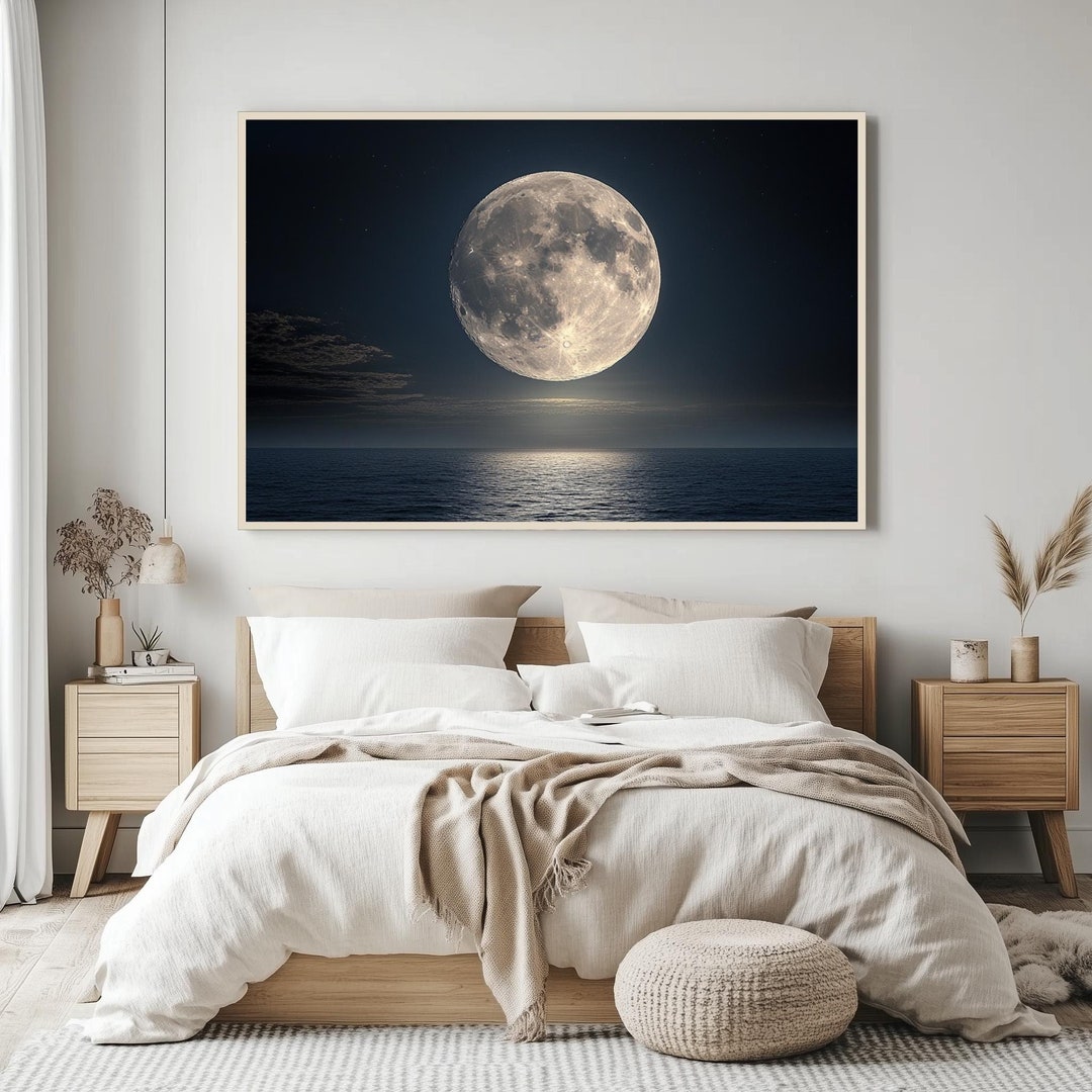 Full Moon Ocean Wall Art Night Sea Canvas Print Moonlight Reflection ...