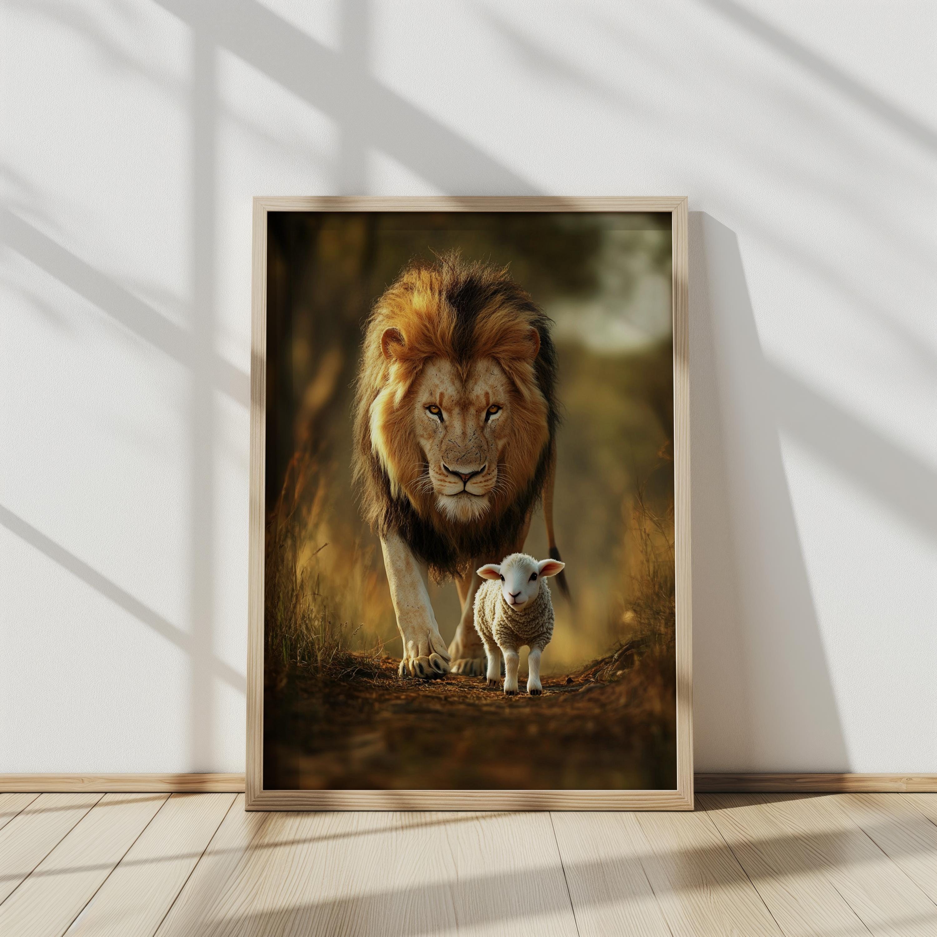 Lion and Lamb Wall Art Print, Peaceful Wildlife Artwork, Inspirational ...