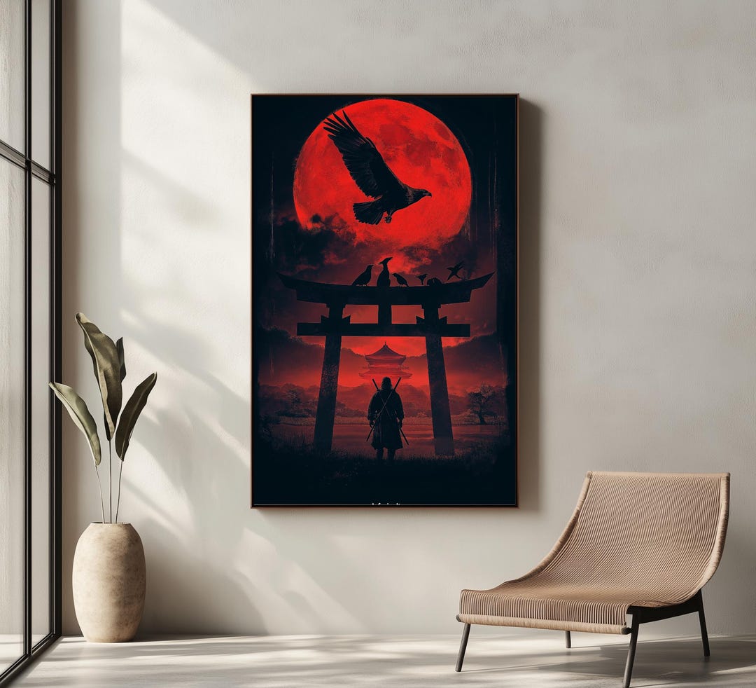 Red Moon Samurai Art, Torii Gate Fantasy Wall Canvas, Japanese Warrior ...