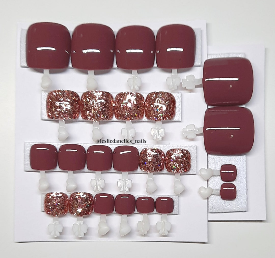 Maroon and Rose Gold Glitter Press on Toenails | Maroon Toenails ...