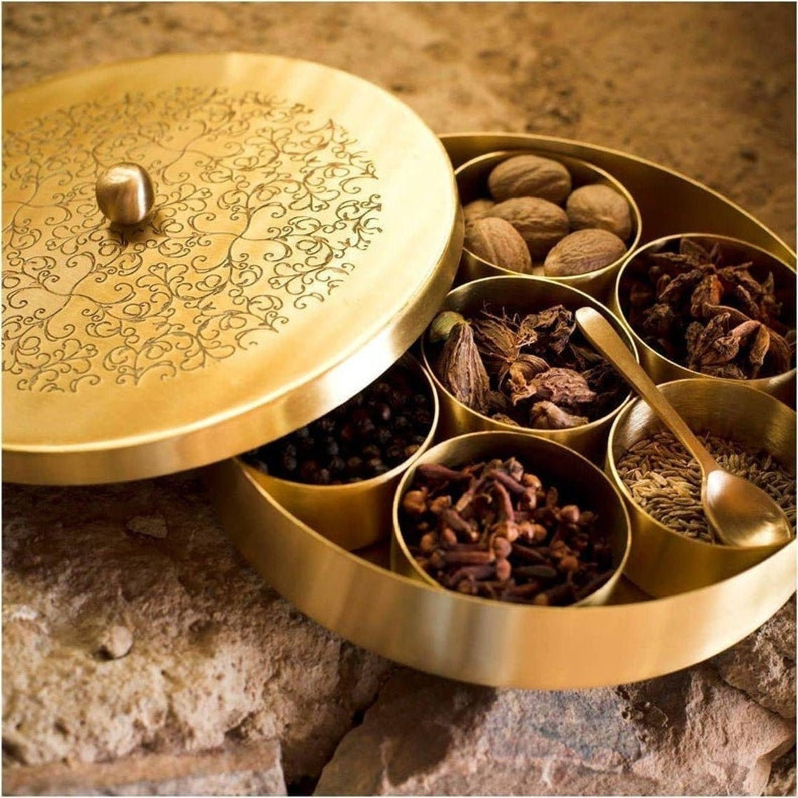 Indian Handmade Pure Brass Spice Box With Spoon, Ayurveda Benefit Brass ...