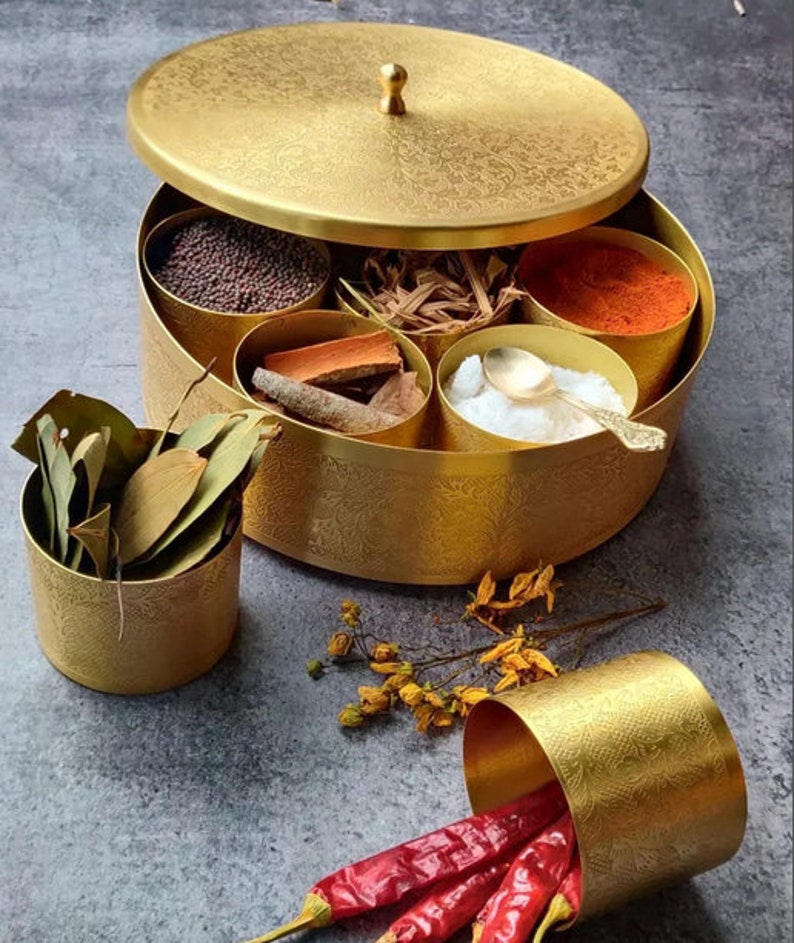 Indian Handmade Pure Brass Spice Box With Spoon, Embroidered Masala ...