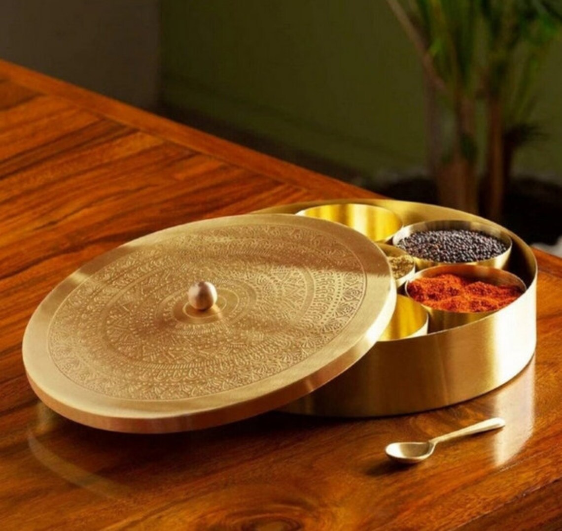 Indian Handcrafted Brass Metal Spice Box Kitchen Storage - Etsy