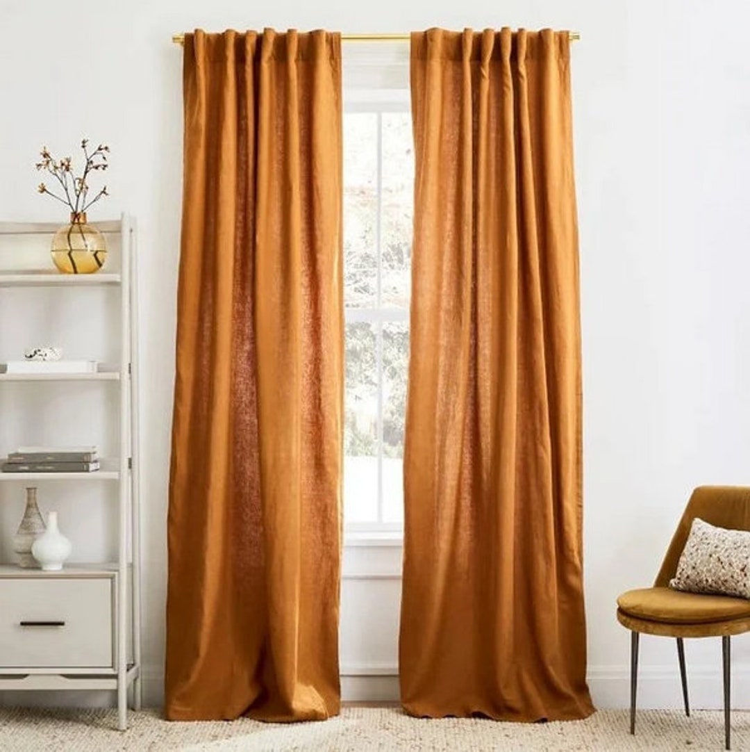 Burnt Orange Washed Cotton Long Curtain 2 Panels Solid Farmhouse and ...