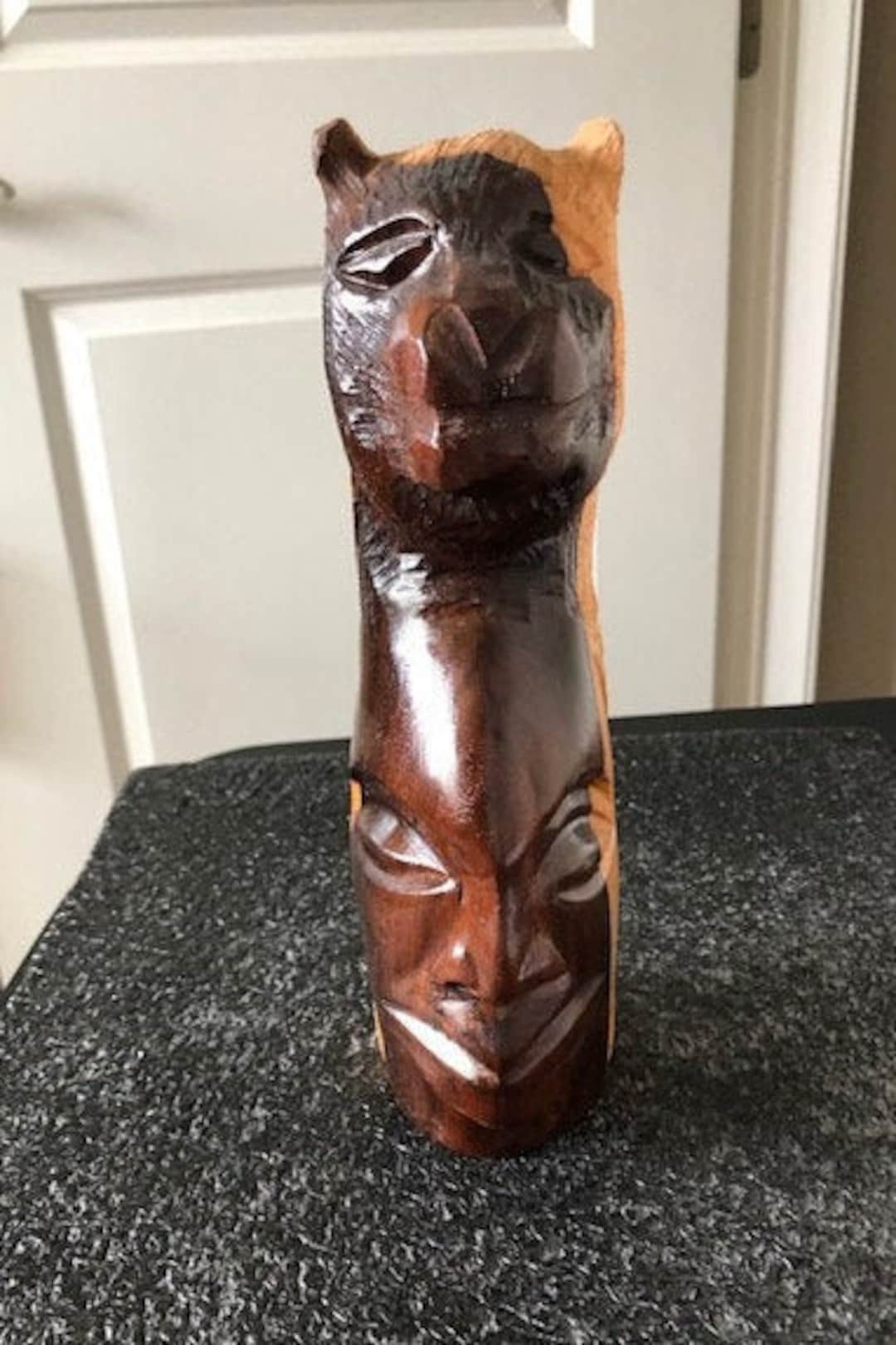 9" Tall, Vintage African Hand-carved Wood Animal and Head Figurine ...