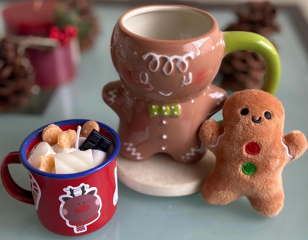 Adorable Ceramic Gingerbread Man Mug chocolate Candle Bundle Free Plush ...