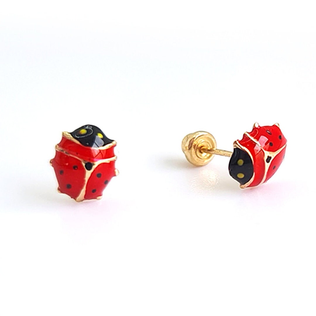 10k Gold Ladybug Stud Earrings, Ladybug Jewelry, Ladybird Good Luck ...