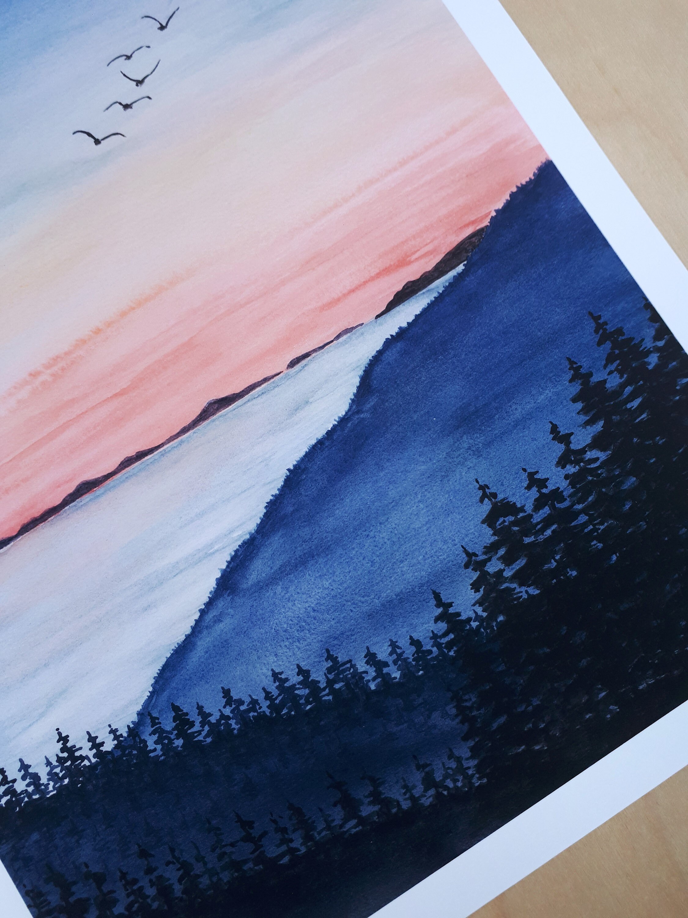 Sunset with Birds Flying Watercolour Art Print Landscape | Etsy