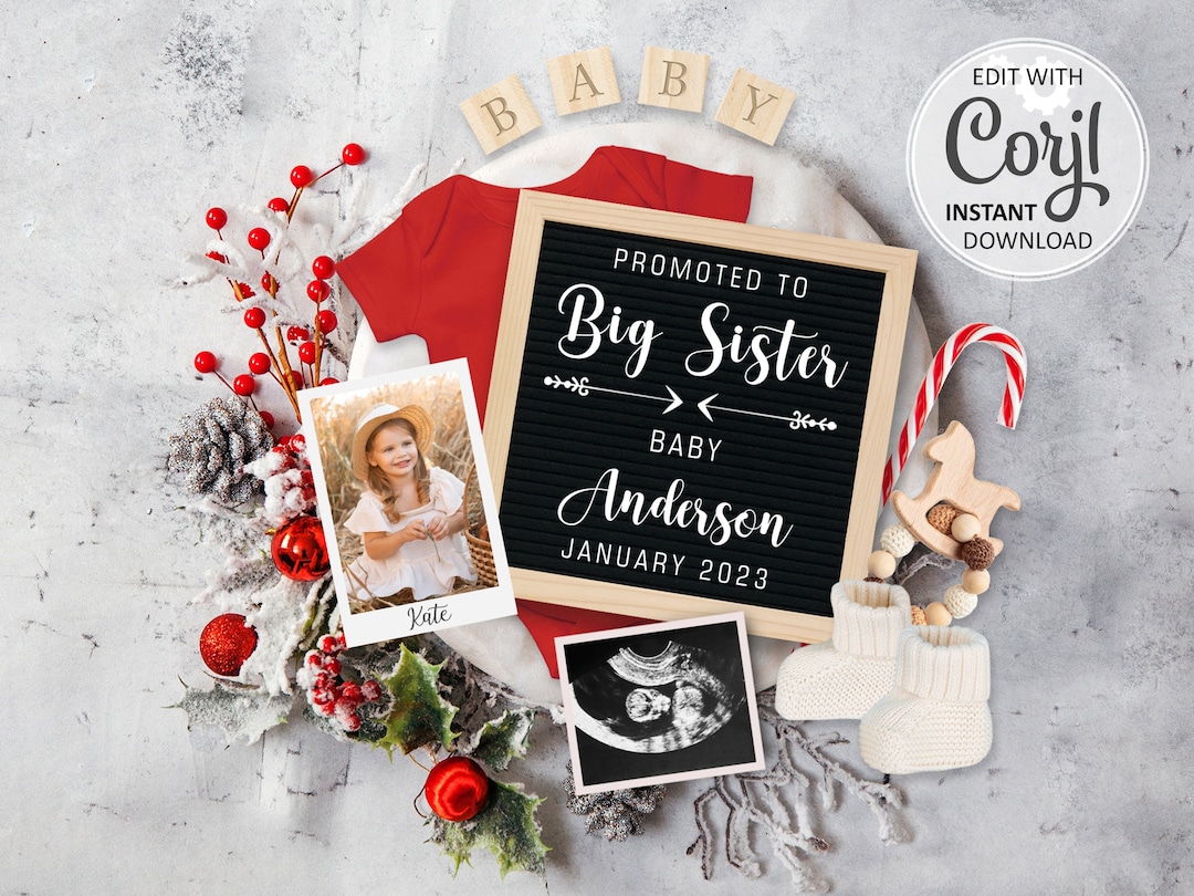Big Sister Christmas Pregnancy Announcement Digital, Second Baby Announcement Editable for ...