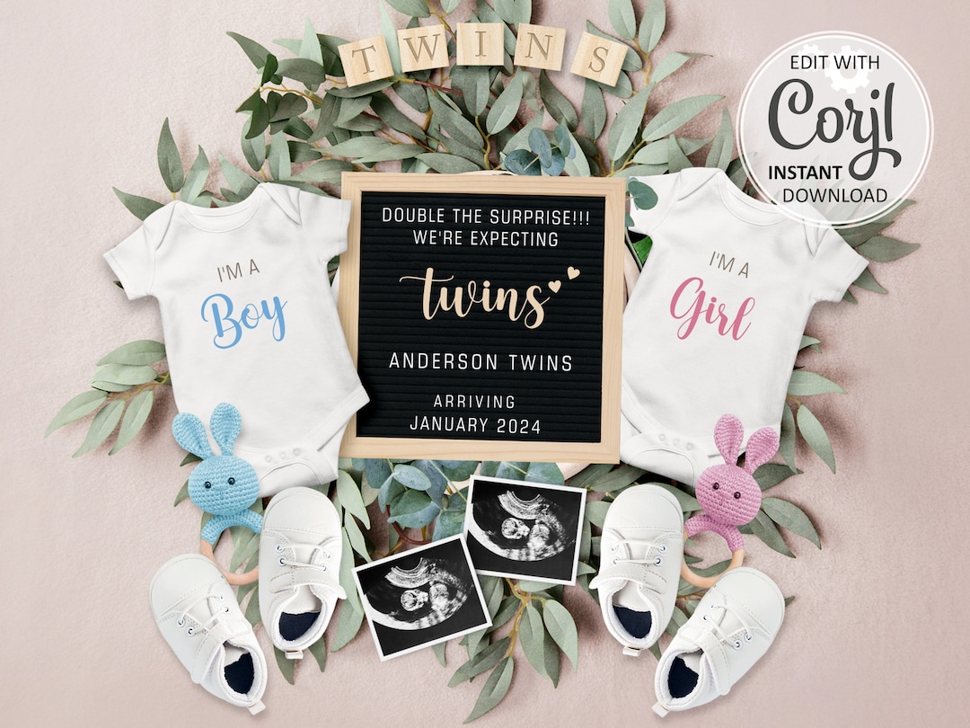 Twin Pregnancy Announcement Digital, Twin Baby Gender Reveal, Twins ...