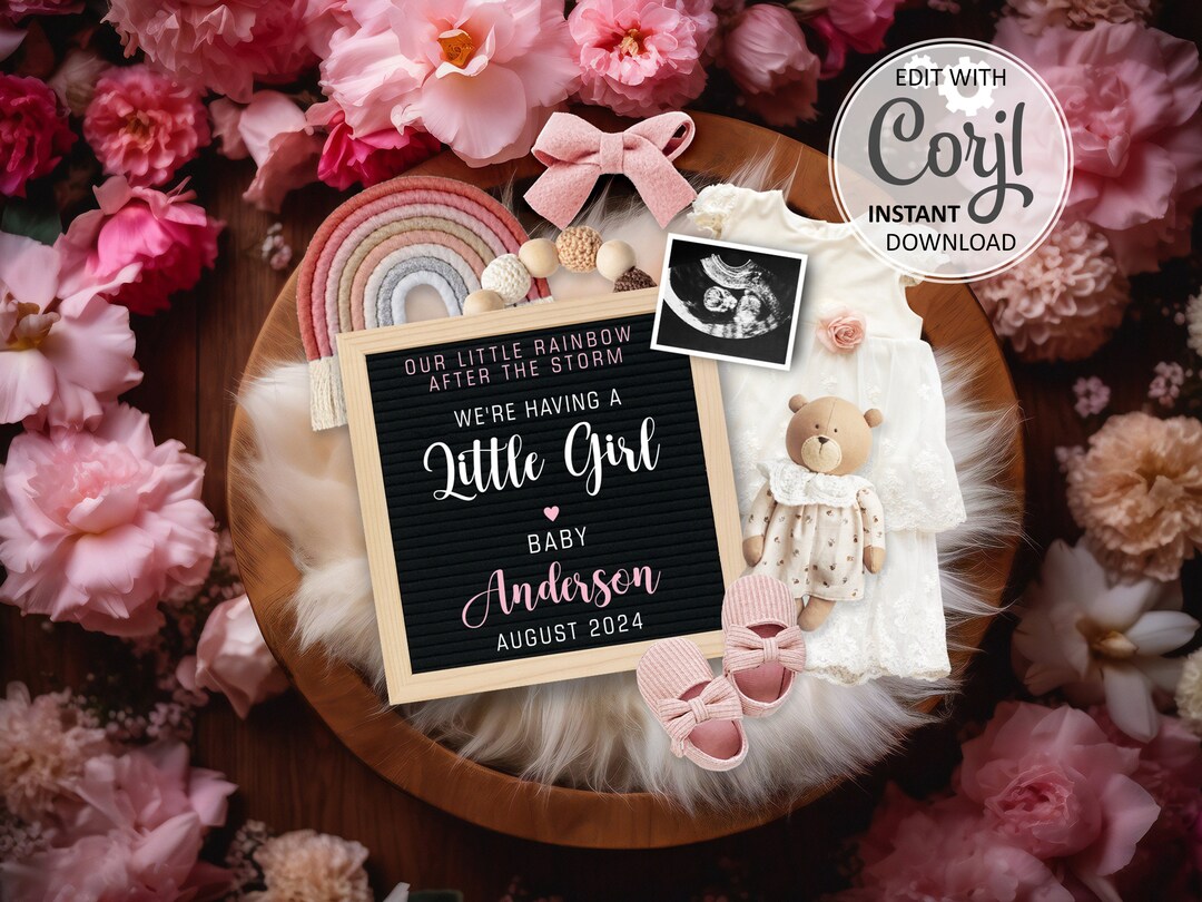 Girl Pregnancy Announcement Digital, It's a Girl Gender Reveal Rainbow ...